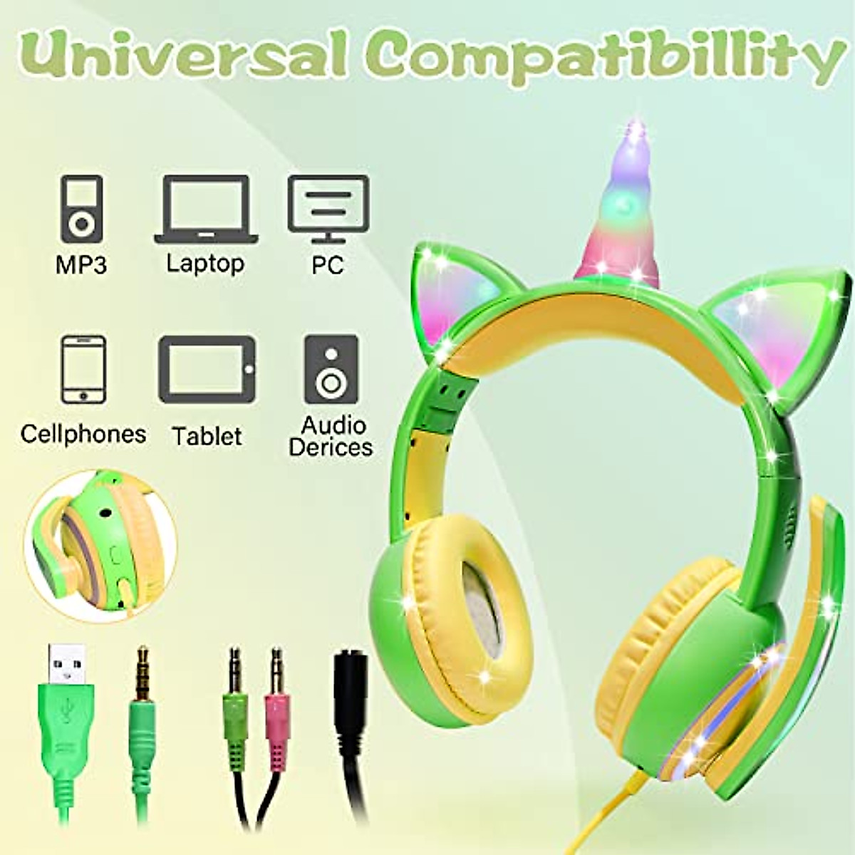 LED Lighting Unicorn Cat Ear Wired Headphones, Headphones for Kids with Microphone, Kids Headphones Safe Volume Limit 85DB, Headphones for Girls Boys for Online Learning/School/Travel/TabletGreen