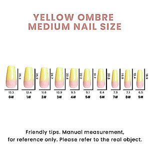 Allkem Press On Nails - Yellow Ombre Glossy Medium Long Ballerina | 10 sizes - 20 pcs Coffin Nail kit with Glue