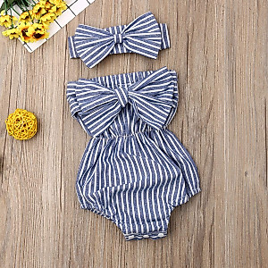 Newborn Kids Baby Girls Clothes Floral Jumpsuit Romper Playsuit + Headband Outfits (Blue Striped, 0-6 Months)