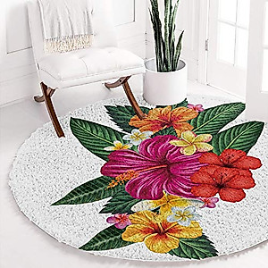 Ultra Soft Round Area Rug 4ft,Hawaiian Tropical Leaf Flowers,Fluffy Shag Absorbent Water Circle Rugs Runners for Living/Dining Room,Hibiscus Plumeria Floral,Non Slip Round Floor Carpet Nursery Rug