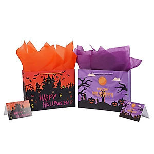 Lyforpyton 2 Pack Large Halloween Bags with Tissue Paper and Card 12.6" Trick or Treat Gift Bags for Halloween