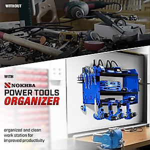 Nokhba Modular Power Tool Organizer Wall Mount and Tool Charging Station. Garage 4 Drill Storage Shelf with Hooks, Heavy Duty Drill Holder Wall Mount, Tool Battery Holder Built in 8 Outlet Power Strip