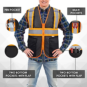 SULWZM High Visibility Reflective Safety Vest with Zipper and Pockets Black,XXL