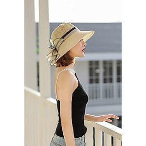 Women Kentucky Organza Derby Hat - Bridal Wedding Church Tea Party Wide Brim Summer Sun Cap Beige