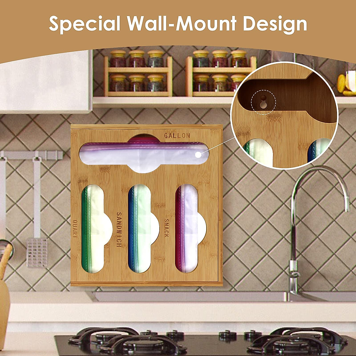 Caredear Bag Storage Organizer for Kitchen Drawer - 12.8" x 12" x 3" Bamboo Bag Organizer, Wall Mount Organizer for Gallon, Quart, Sandwich, Snack, Slider