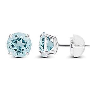 Sterling Silver 4mm Round Natural Aquamarine March Birthstone Prong Set Stud Earrings For Women