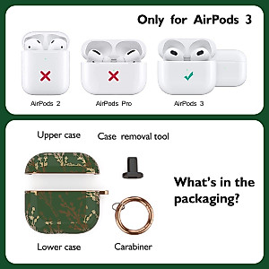 TATOFY Case Cover for AirPods 3, AirPods 3 Case for Women, Flora Protective Hard Case with Carabiner, Led Visible, Wireless Charging Compatible (Golden Green)