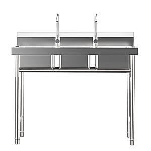 3-Compartment Sink, 304 Stainless Steel Utility Sink Outdoor Sink Freestanding Utility Sink with 2 Hot & Cold Faucet Commercial Triple Bowl Kitchen Sink for Bar Kitchen Each Sink 11"L x 9"W x 7"H