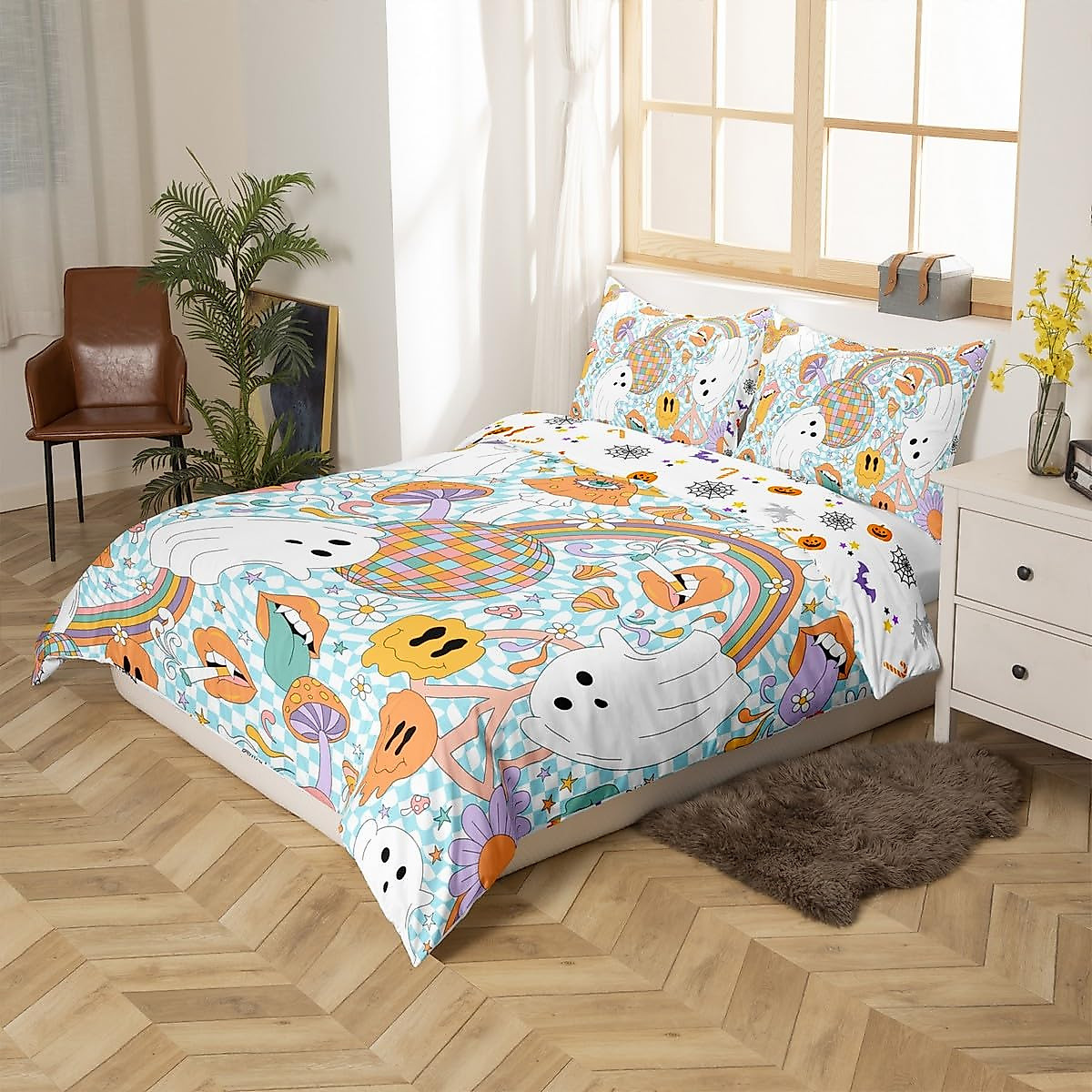 Erosebridal Cartoon Ghost Duvet Cover Rainbow Bedding Set Full,Hippie Groovy Flowers Comforter Cover Gothic Bed Set Cute Mushroom Peace Symbol Boho Floral Kawaii Halloween Decorations Indoor