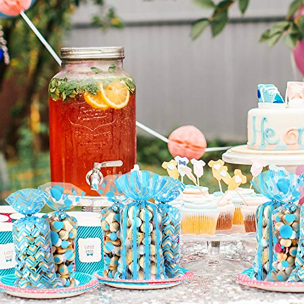 105 PCS Baby Shower Cellophane Treat Bags, Gender Reveal Candy Bag Polka Dot Stripes Printed Plastic Goodie Favor Bags with 100 Silver Twist Ties for Christmas Birthday Party Decor(Blue)