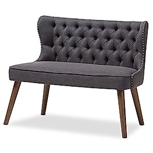 Baxton Studio Sydney Walnut Wood Button-Tufting with Nailheads Trim 2-Seater Loveseat Settee, Dark Grey