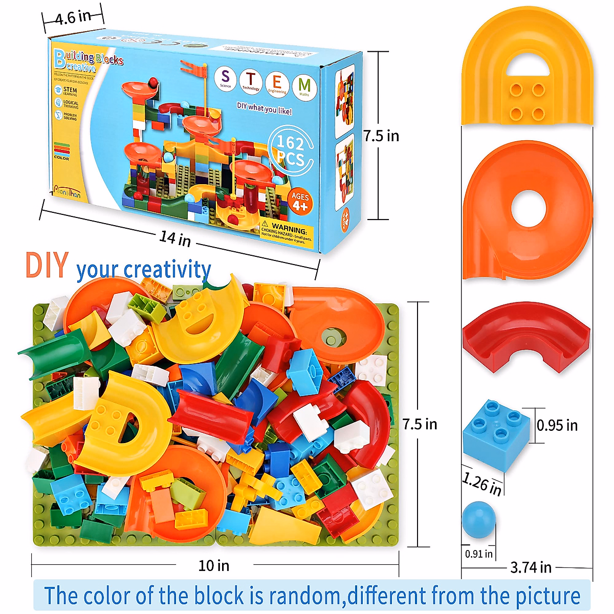 162 PCS Marble Run Building Blocks with 6 Balls Classic Big Blocks STEM Toy Kids Puzzle Compatible with All Major Brands Bricks Set, Ramps, Funnels for Boys Girls Age 4 5 6 7 8+