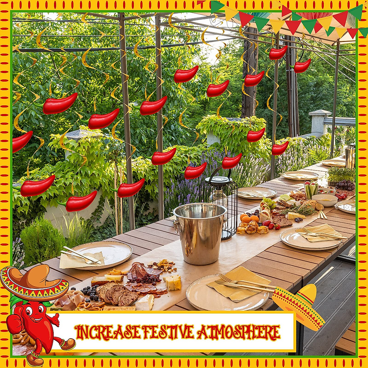 30 Pieces Chili Pepper Whirls Cinco de Mayo Pepper Decorations for Fiesta Party Mexico Spiral Hanging Party Streamers for Decor Mexican Party Accessories (Red)