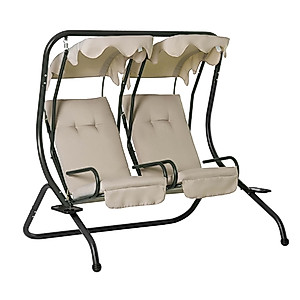 Outsunny Patio Swing Chair with 2 Separate Seats, Outdoor Swing Glider with Removable Canopy and Cup Holders, for Porch, Garden, Poolside, Backyard, Beige