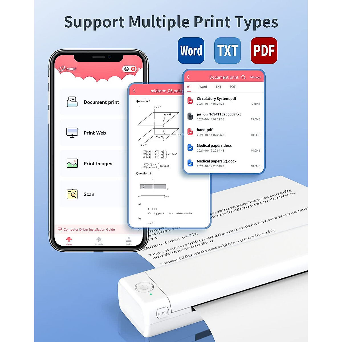 Odaro M08F Portable Wireless Letter Printer for Travel, Bluetooth Thermal Inkless Small Printer, Support 8.5" X 11" Letter Size Thermal Paper, Work with Laptop Phone and Pad - White