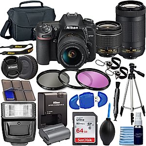 Nikon D7500 DX-Format Digital SLR w/AF-P DX NIKKOR 18-55mm f/3.5-5.6G VR Lens + AF-P DX 70-300mm f/4.5-6.3G ed Lens + 64GB Memory Card, TriPod, Flash, 3pc Filter Kit, Case, More, Black