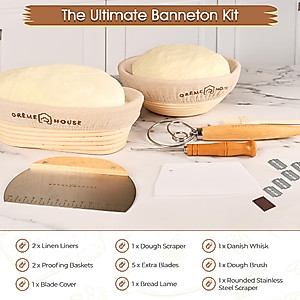 Sourdough Proofing Baskets For Bread Baking Set of 2 - Round 9" & Oval 10" - Qrème House Premium Banneton Bread Proofing Basket Kit For Easy Artisan Bread Making With Bread Lame, Dough Whisk & Scraper
