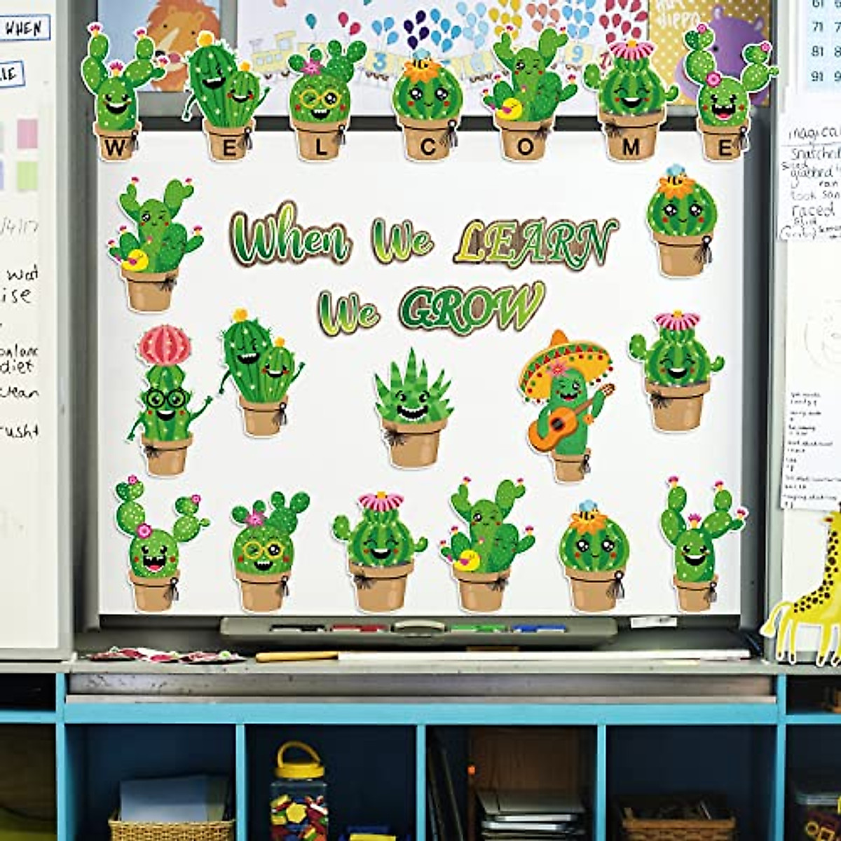 Whaline 45Pcs Cactus Cutouts Back to School Potted Succulent Classroom Decor Summer Green Cactus Cut-Outs When We Learn We Grow Bulletin Board Decor with 100Pcs Glue Points for School DIY Projects