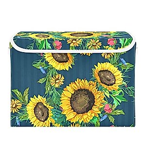 innewgogo Watercolor Sunflowers Storage Bins with Lids for Organizing Large Collapsible Storage Bins with Handles Oxford Cloth Storage Cube Box for Books