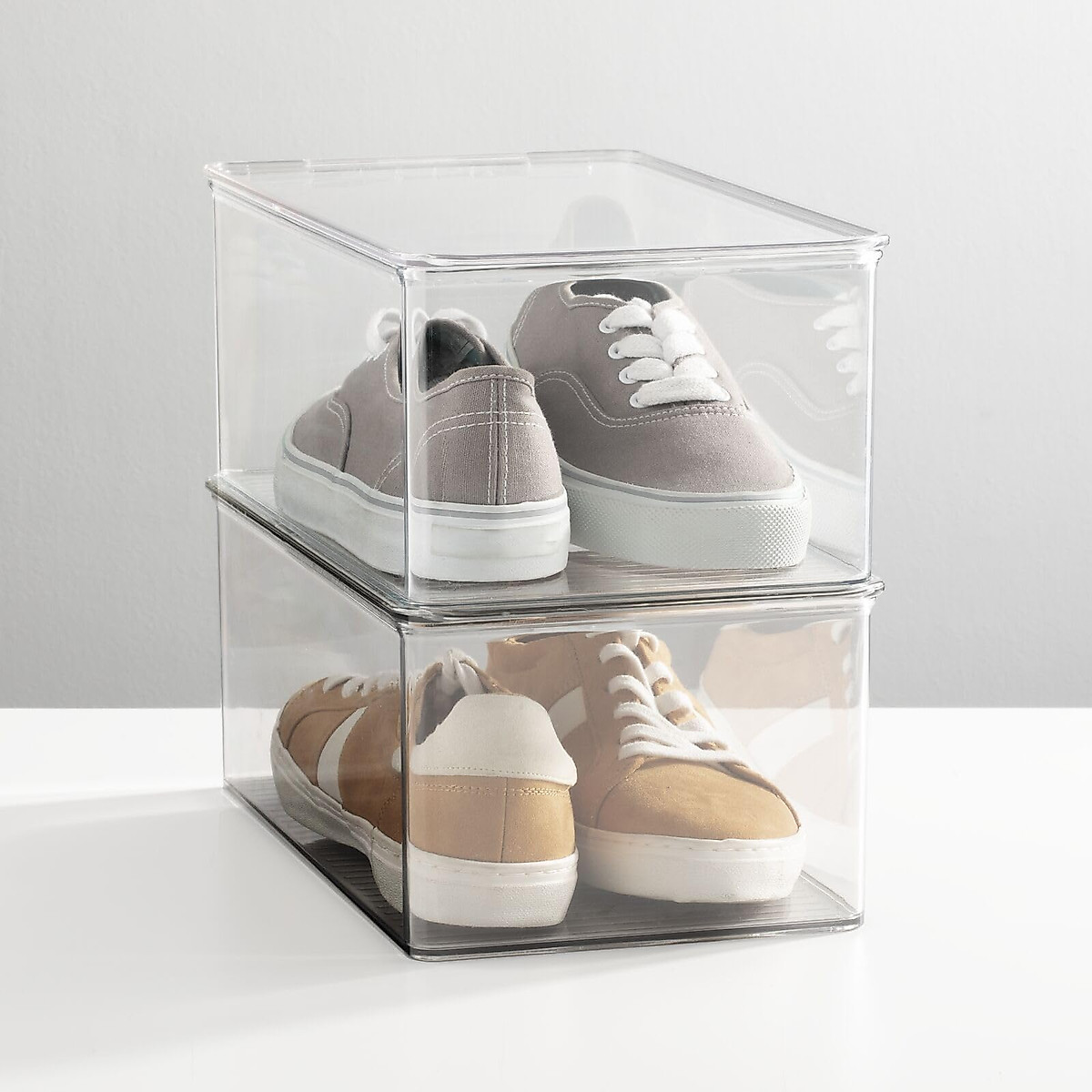 mDesign Stackable Plastic Closet Storage Container Bin Box with Hinge Lid for Organizing Shoes, Booties, Pumps, Sandals, Wedges, Flats, Heels - Lumiere Collection - 4 Pack - Clear