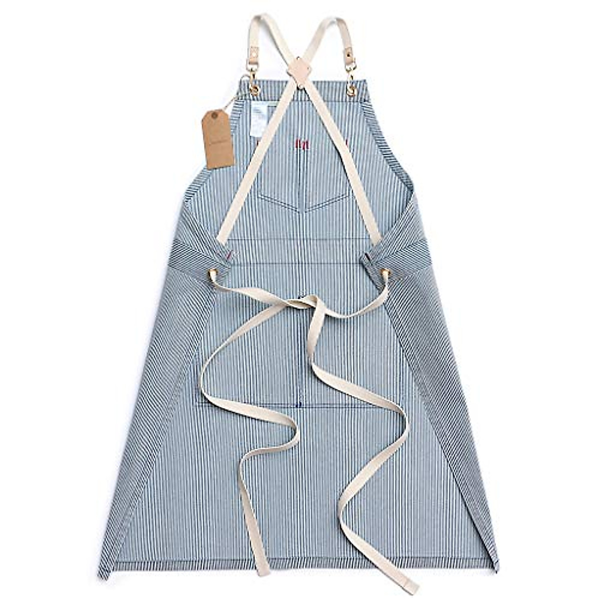 Jeanerlor Blue Striped Denim Aprons for Women and Men - Jean Cross Back Apron Adjustable Neck Unisex with 4 Pockets for Barista, Chef, Barber, Painter and Gardener, Adjustable M to XXL