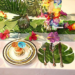 Hawaiian Tropical Party Decoration Pack with 9feet Hawaiian Grass Table Skirt, Hibiscus Flowers, Palm Leaves, Paper Pineapple, Hawaiian Beach Theme Party Favors Luau Party Supplies