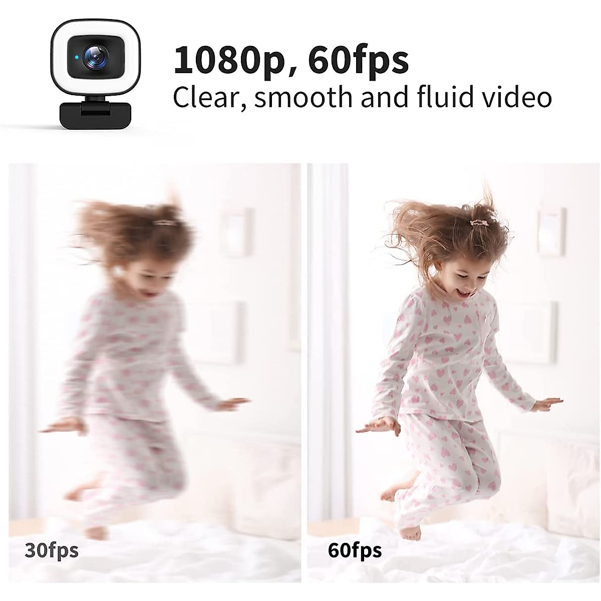 60FPS Webcam with Ring Light, Auto-Focus 1080P Web Camera with Dual Microphone and Privacy Cover，Streaming Webcam for YouTube, Skype, Zoom, Twitch, OBS, Xsplit and Video Calling