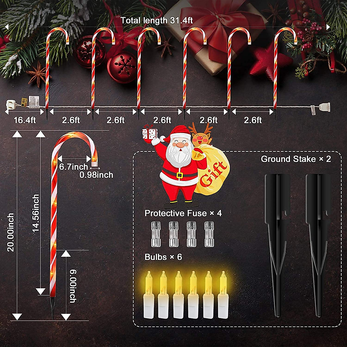 Christmas Candy Cane Lights,20 Inch Candy Cane Outdoor Christmas Decorations Outdoor Pathway Waterproof Led Light for Walkway, Yard, Home, Holiday Party Decoration (16Pack)