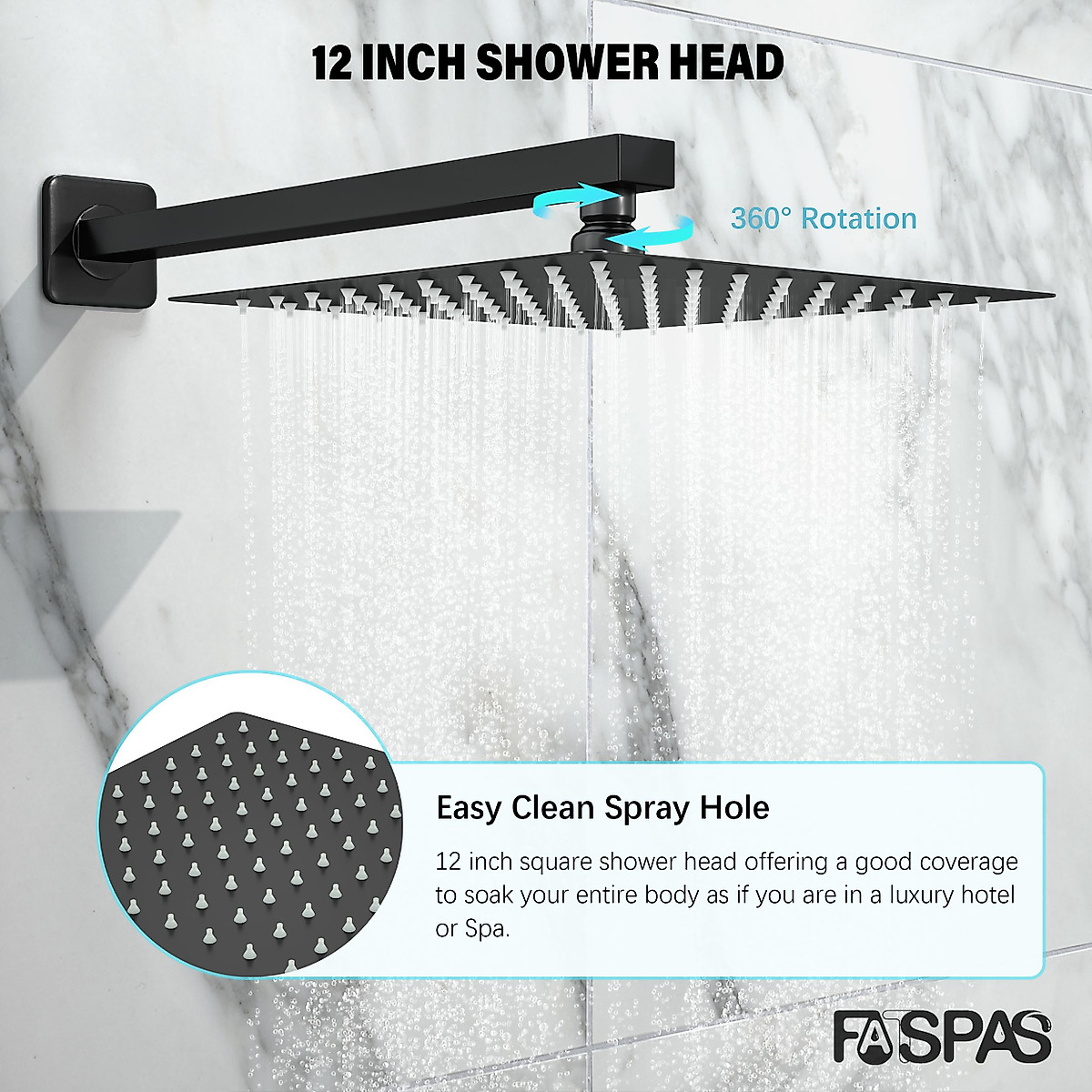 Fatspas Shower System with Tub Spout, Wall Mounted Shower Faucet Set for Bathroom with 12 Inch Rain Shower Head and Handheld Shower Head Set, Matte Black