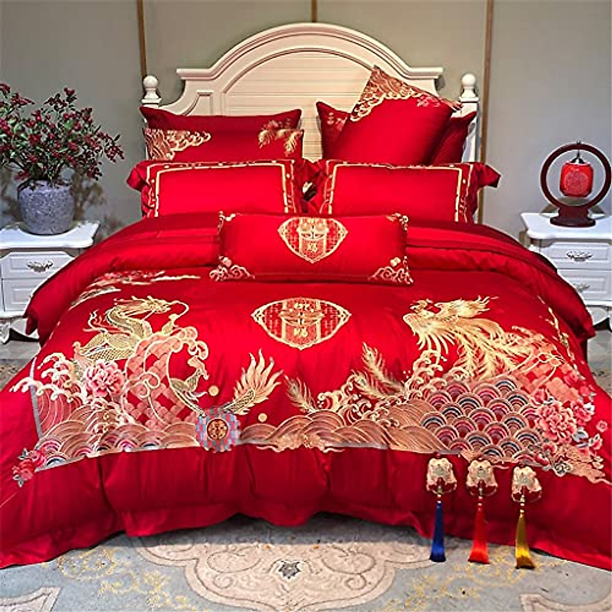 Wedding Cotton Satin Jacquard Four-Piece Set Chinese Dragon and Phoenix Embroidery Duvet Cover Wedding Bedding (Color : Red 10-Piece Suit, Size : 2m) (Red 6 Piece Suit)