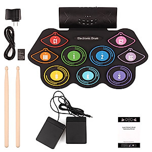 LOMUTY Electronic Drum Pad, 9 Pads Rollable Drum Practice Pad Kit Portable Electronic Drum Set for Kids Teens and Adults Beginners, Dual Built-in Stereo Speakers Digital Drum Pad Christmas Gifts