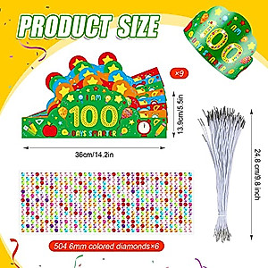 72 Pcs 100th Day of School Crowns with 6 Sheets Acrylic Rhinestone Stickers DIY 100 Days Paper Party Hat Happy Adhesive Rhinestones Paper Crowns for Kid 100 Days of School Celebration Party Favors