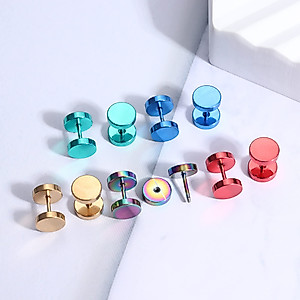 THUNARAZ 8Pairs Stainless Steel Dot Earrings For Men Women Tunnel Punk Style Stud Earrings Unisex Rainbow Piercing Plugs Screwback Earrings 6/7/8mm