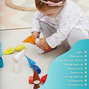 Ulanik Large Peg Dolls with Hats Toddler Montessori Toys for 3 Year Old + Kids Wooden Waldorf Dolls for Learning Color Sorting and Counting — 12 Gnomes, 3.35 in