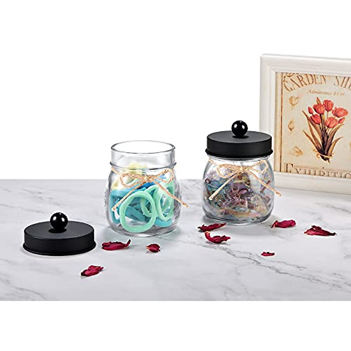 6 Pack Apothecary Jars Set,Mason Jar Decor Bathroom Vanity Storage Organizer Canister,Glass Qtip Holder Dispenser for Qtips,Cotton Swabs,Ball,bathoom accessories - Stainless Steel Lid (Black)