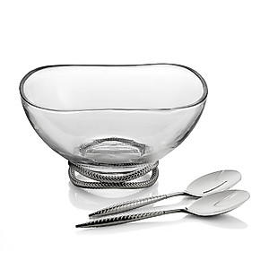 nambe Braid Glass Salad Bowl with Servers | Large 12-Inch Mixing and Serving Dish | Thick Glass Bowl for Salads, Fruit, and More | Stainless Steel Serving Spoons | Dishwasher Safe