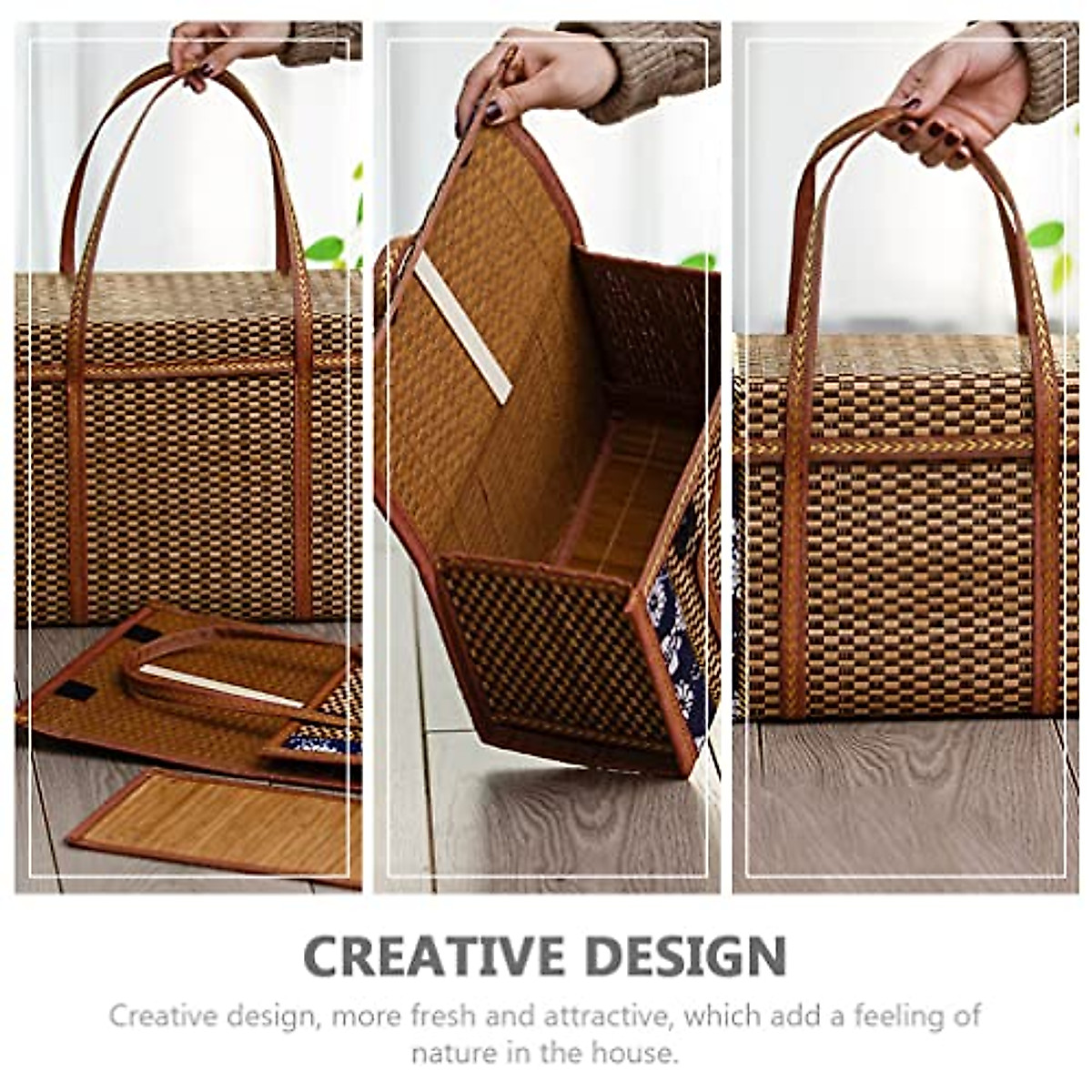 Operitacx Picnic Basket with Double Folding Handles Creative Picnic Food Hand Basket Folding Woven Fruit Basket Picnic Food Storage Basket for Outdoor Picnic 14.6x7.9x9.8inch