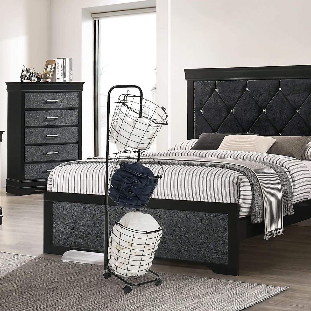 Ganggend 3-Tier Laundry Basket with Lockable Wheels, Wire Laundry Hamper with Rubber Handle Laundry Cart Storage Rolling Hamper for Organizing Clothes