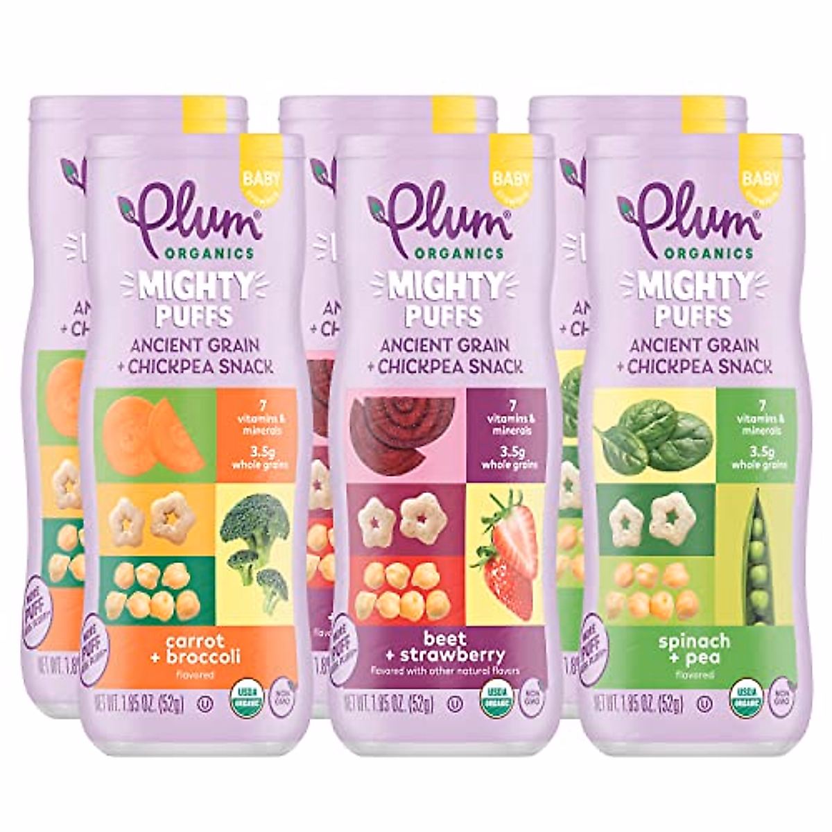 Plum Organics Mighty Puffs Snack For Babies - Variety Pack - (Pack of 6) 1.85 oz - Includes Carrot & Broccoli, Beet & Strawberry, and Spinach & Pea Flavors - Ancient Grain & Chickpea Snacks