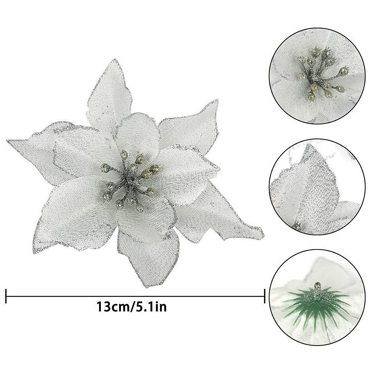 Christmas Glitter Flower Ornaments,Jchen 16Pcs Glitter Bling Christmas Tree Ornaments Artificial Christmas Flowers Christmas Tree Decoration Flower for Christmas Home Party Wedding Decor (Silver)