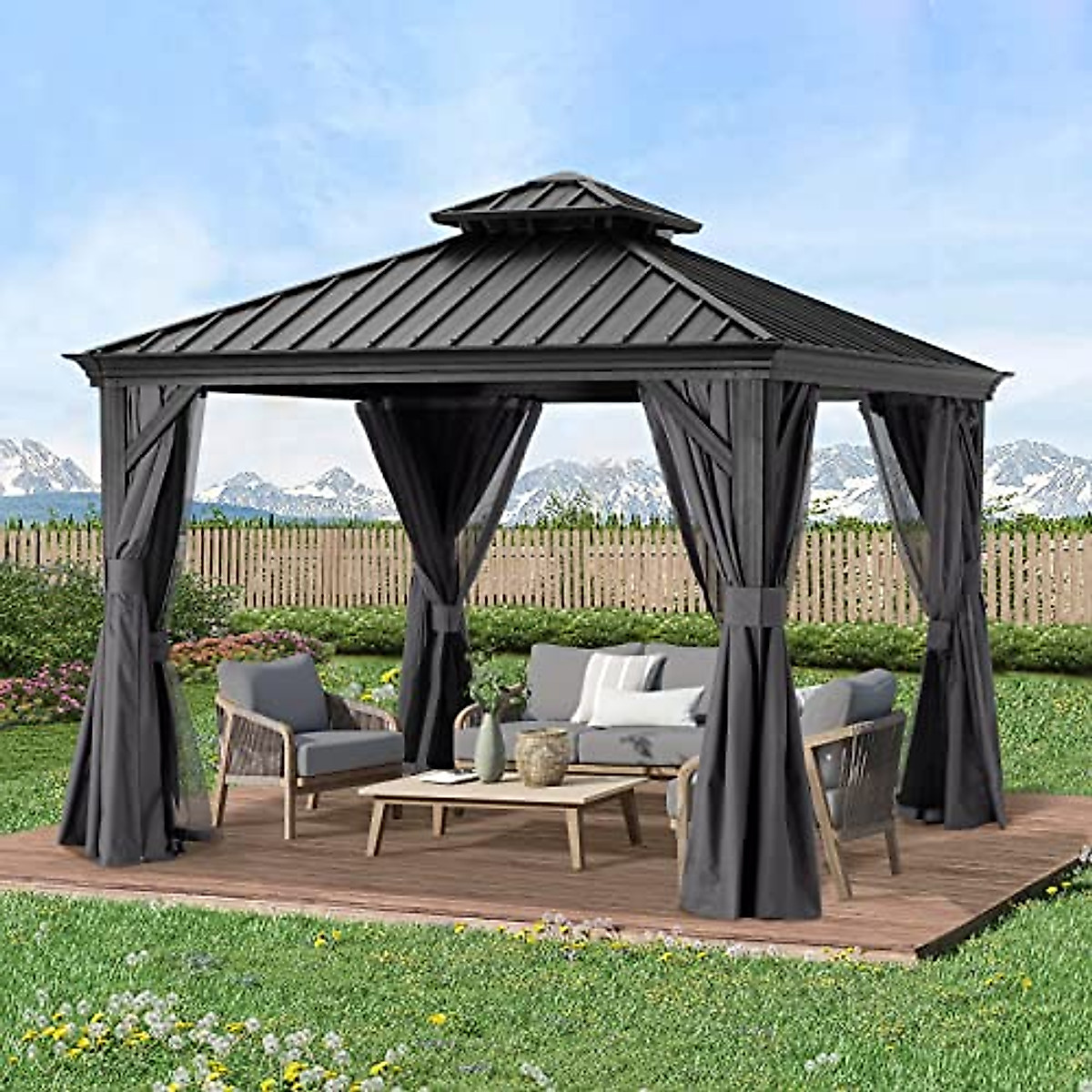 ABCCANOPY 10x10 Hardtop Gazebo - Outdoor Permanent Gazebo with Galvanized Steel Double Roof, Aluminum Pavilion with Netting and Curtain for Patio, Lawn, Garden (Double Roof, Gray)