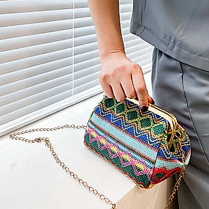 Ruzida Women Diagonal bag Straw Weave Handbag Purse Mini Kiss Lock Bag Ethnic Style Chain Crossbodies Bag Summer Outdoor Bags