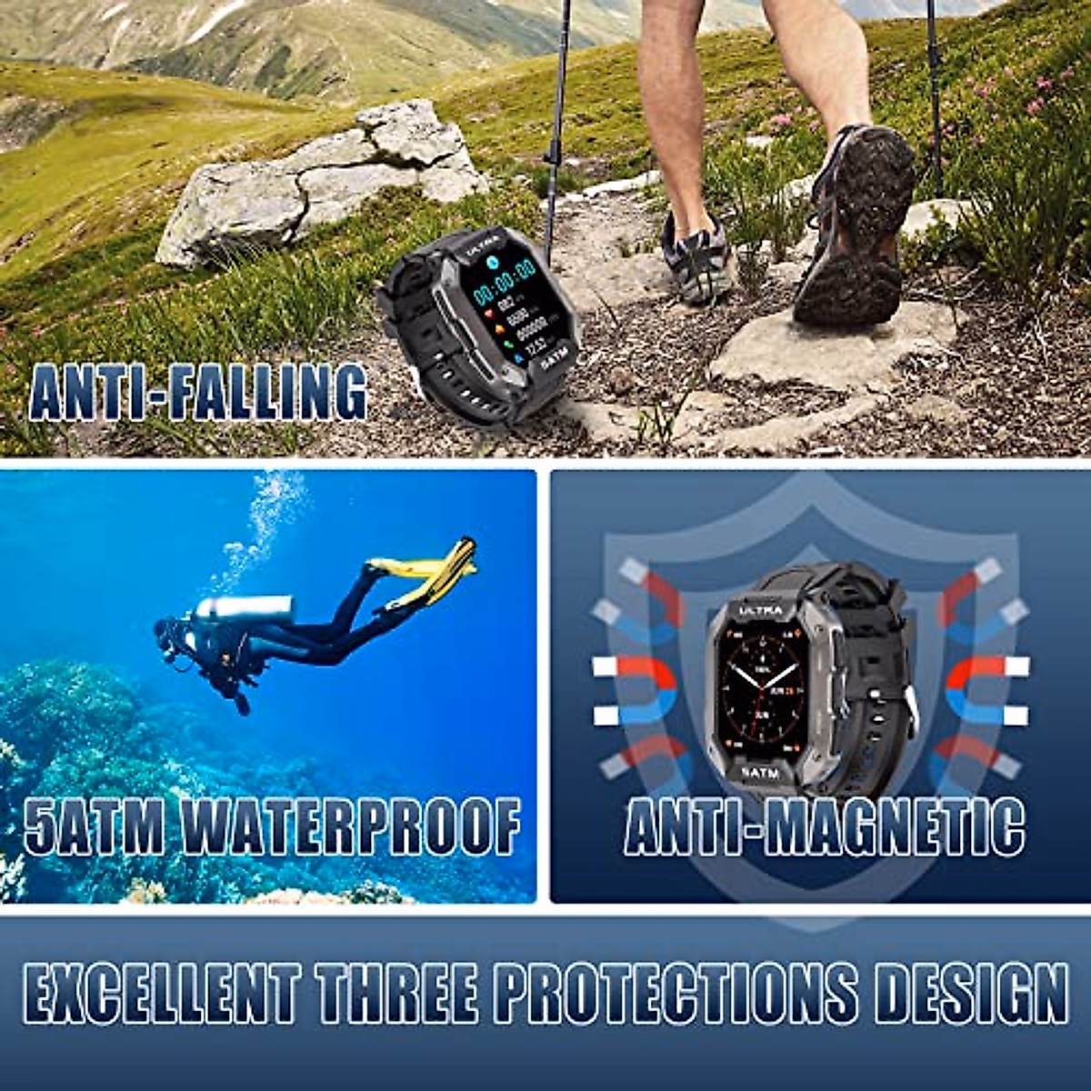 Military Smart Watches for Men 5ATM Waterproof Rugged Bluetooth Call(Answer/Dial Calls) 1.7'' Tactical Outdoor Fitness Watch with Heart Rate Blood Pressure Sleep Monitor for iPhone Android Phone
