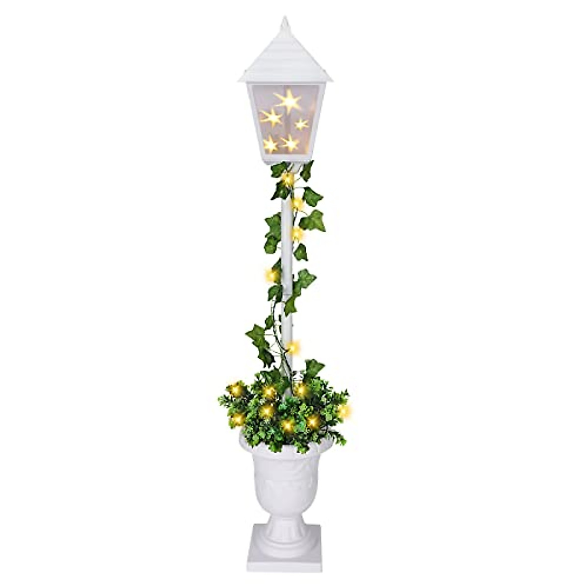 GREATDAY 3.5-feet Home Decorated Pre-Lit Lamp Post with Artificial Plants and 20 LED Lights with Timer by Batteries Operated for Front Door,Entryway, Patio Porch Home Decorations,Garden Use
