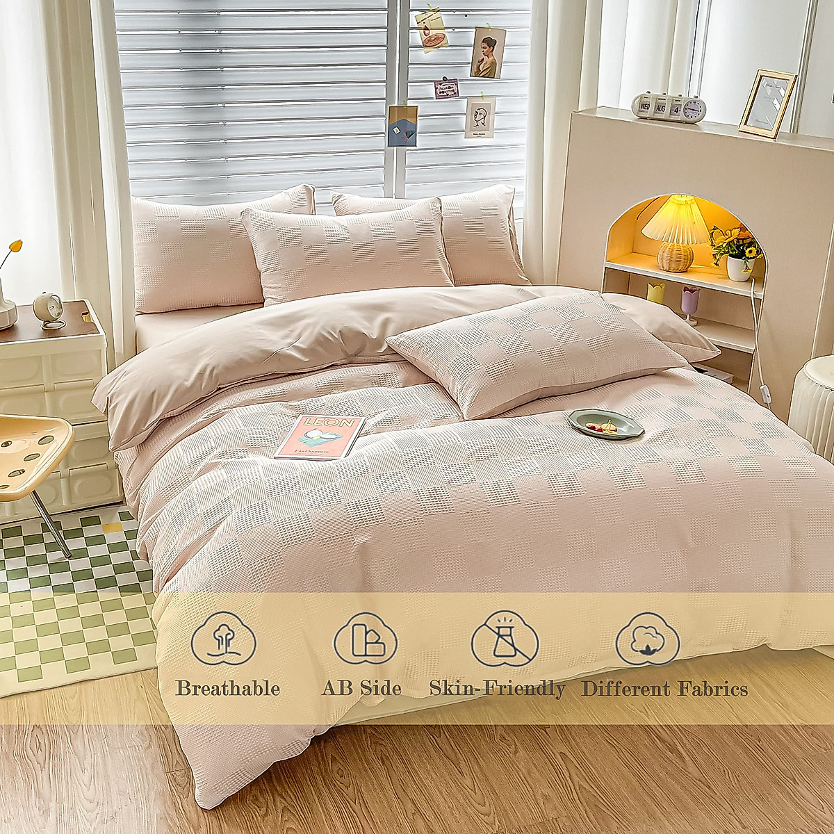 Beyeutao Brown Waffle Duvet Cover Ultra Soft Washable Queen Duvet Cover Comforter Textured 3 Piece Bedding Set with Duvet Cover Pillowcases Zipper Closure.