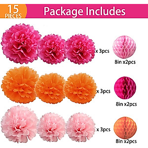 15PCS Hot Pink Orange Party Decorations Tissue Paper Flowers Pom Poms Honeycomb for Girl Groovy Birthday Baby Shower Wedding Bachelorette Summer Flamingo Party Nursery Wall Hanging Décor