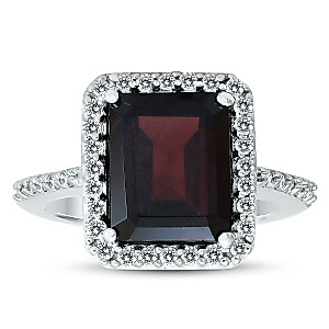 SZUL Garnet and Diamond Halo Cocktail Ring in 14K White Gold