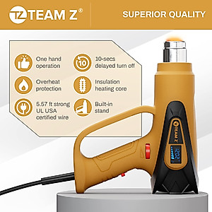 TEAM Z 1800W Premium Heat Gun kit 140°F~1202°F - Heavy Duty Heat Shrink Gun with Single Handed Operation, LCD Display Hot Air Gun with Case, Overload Protection with 6 Nozzles for Crafts