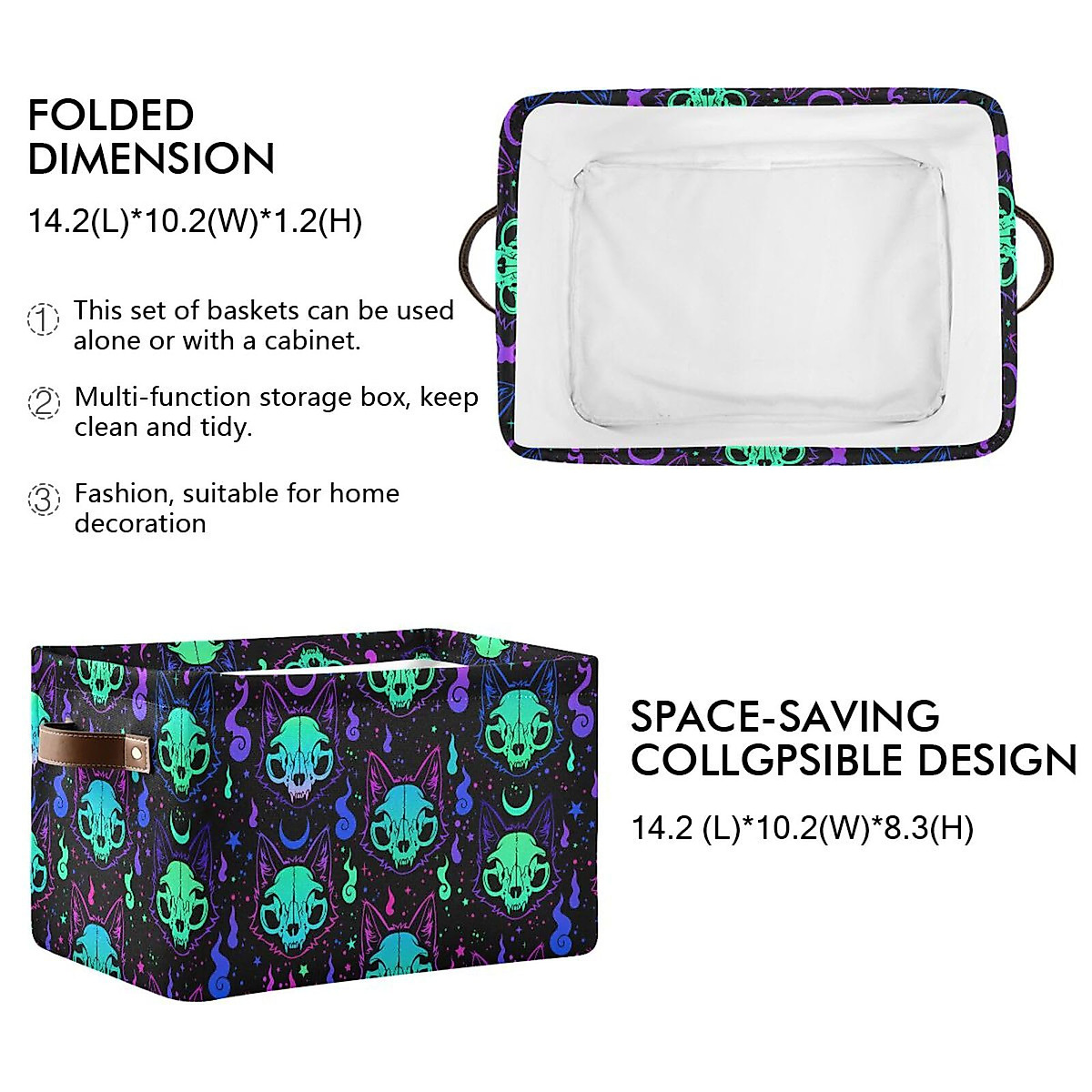 Halloween Cat Skulls Storage Basket Bins Decorative Toy Organizer Bins Laundry Hamper Baskets with Handles for Office Bedroom Clothes Bedroom Living Room,1 pcs
