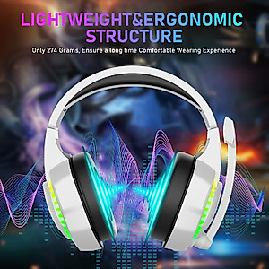 Wired Gaming Headset with Rainbow RGB Backlight Retractable Noise Isolating Microphone Stereo Sound Deep Bass Memory Foam Earmuff Over Ear Headphone for PS4 Xbox One Switch PC Mac Gamer Music (White)